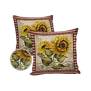 Outdoor Waterproof Throw Pillow Cover Vintage Sunflower Floral 2 Pack Square Pillow Cases Decorative Garden Cushion Cover for Patio Furniture Couch Sofa Bed Car,18x18 Inch