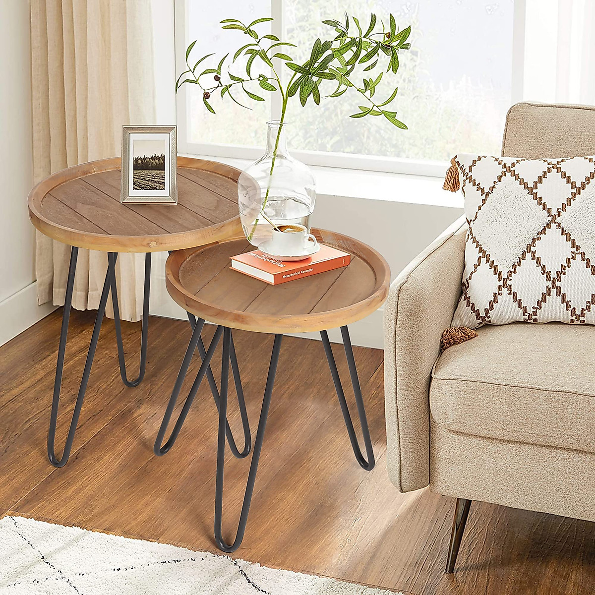 Oakrain Nesting Tables for Living Room, Round Nesting Coffee Table, Farmhouse End Tables Living Room Set of 2, Wood Side Tables Set of 2 for Sofa, Bedroom