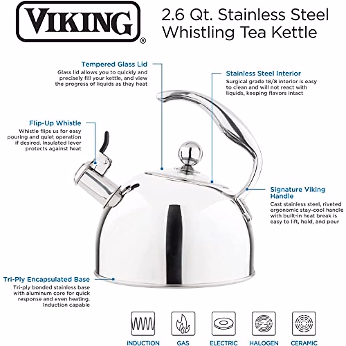 Viking Culinary 3-Ply Stainless Steel Whistling Tea Kettle, 2.6 Quart, Includes Tempered Glass Lid, Ergonomic Stay-Cool Handle, Works on All Cooktops including Induction, Mirror Finish