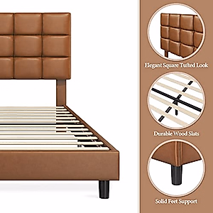 Yaheetech Upholstered Platform Bed Frame with Faux Leather Headboard Height Adjustable, Mattress Foundation Wooden Slats Support No Box Spring Needed, Amber Brown-Full