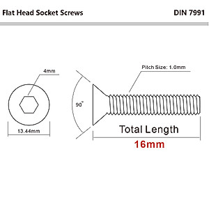M6-1.0 x 16mm Flat Head Socket Cap Screws, Stainless Steel 18-8 (304), Bright Finish, DIN 7991, Allen Socket Drive, 25 PCS