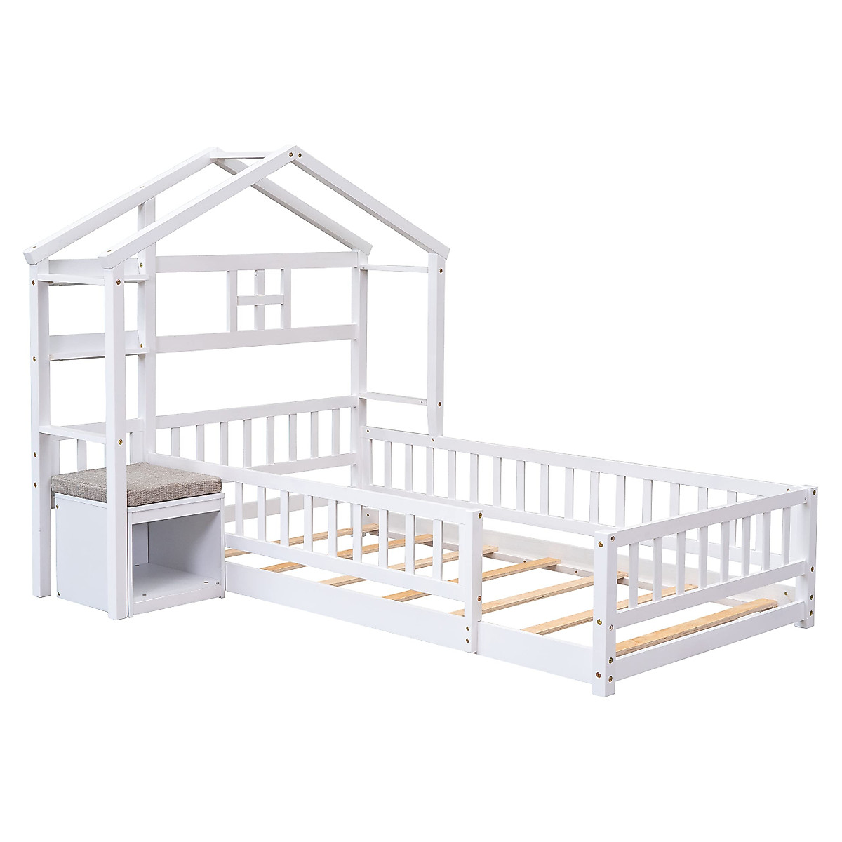 Floor Bed with Fence Railings and House Shape Headboard, Twin Size House Beds with Nightstand and Wooden Slats Support, Kids Montessori Style Playhouse Bed Frame for Girls Boys, White