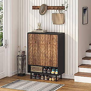 LITTLE TREE Shoe Cabinet with Doors, 6-Tier Modern Shoe Storage Cabinet with Adjustable Shelves, Wooden Free Standing Shoe Storage for Entryway, Hallway, Closet