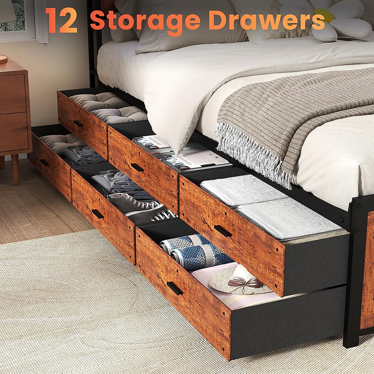 Kiivakii King Size Bed Frame with 12 Storage Drawers, LED Headboard with Charging Station, Metal Platform Bed Frames, No Box Spring Needed, Noise Free, Stable and Solid, Brown