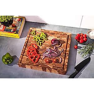 Weekolor, Square Butcher Block Cutting Board, Teak Wood End Grain, Thick Prep Station 14x14x1.5 in, Juice Groove, Reversible Charcuterie Board, Vegetable, Fruit, Bread Cheese Board