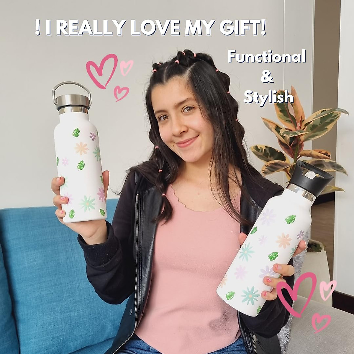 Stainless Steel Water Bottles – Insulated Bottles - Water Bottle with Straw - 2 Lids -1 Gift Box - 20 Oz - air up Water Bottle - Hot/Cold - Gift for her - Preppy Stuff (Flowers)