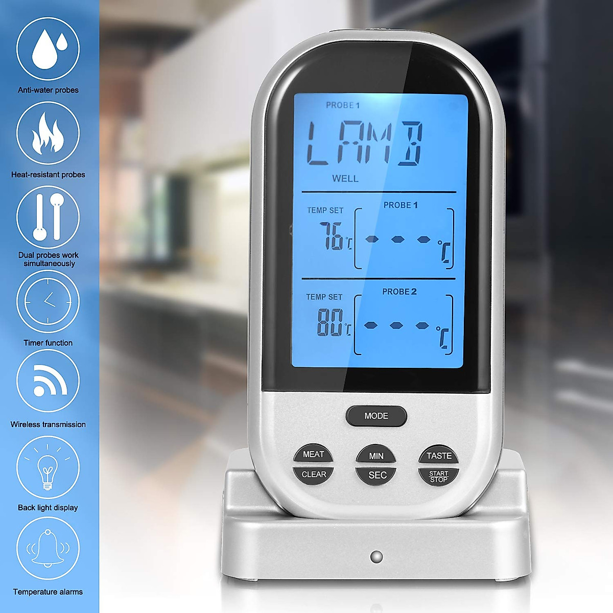 Adoric Wireless Meat Thermometer,Remote Cooking Food Barbecue Digital Grill Thermometer with Dual Probe for Oven Smoker Grill BBQ Thermometer