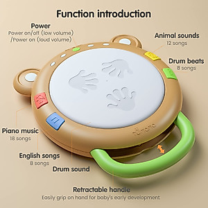 TUMAMA Baby Drum 3 in1, Baby Light Up Toys with Sounds, Musical Toys for Toddlers 1-3, Baby Musical Toys for Girls Boys, Brown Kids Drum