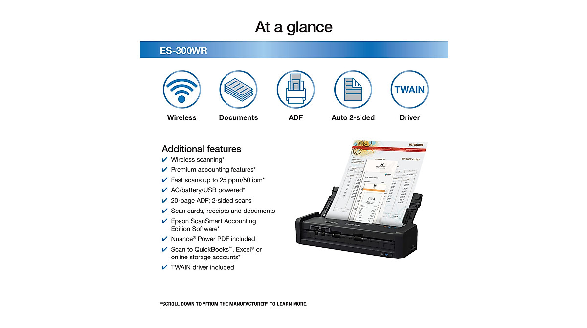 Epson ES-300WR Wireless Portable Duplex Scanner for Small Business