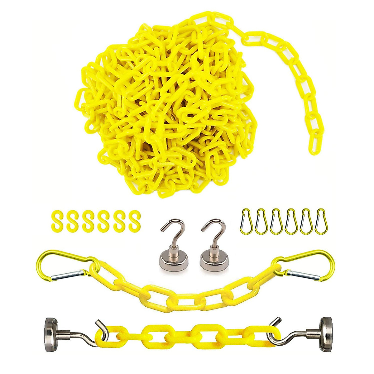 Reliabe1st 26 Feet Yellow Plastic Safety Barrier Chain with 2 Magnetic Hooks and 6 S-Hooks and 6 Carabiner Clips | Caution Security Chain Safety Chain for Crowd Control | Safety Barrier