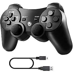 Diswoe Controller for PS-3, Wireless Bluetooth Controller Gamepad Joystick, Double Vibrating Controller for Play_station 3 with Charger Cable Cord Thump Grips