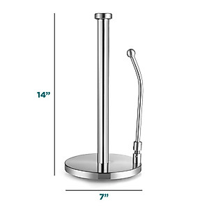 Stainless Steel Paper Towel Holder - Standing Paper Towel Dispenser with Adjustable Spring Arm & Weighted Base for Kitchen, Bathroom, Bedroom - Fits Standard, Large, Jumbo Size Paper Towel Roll Sagler
