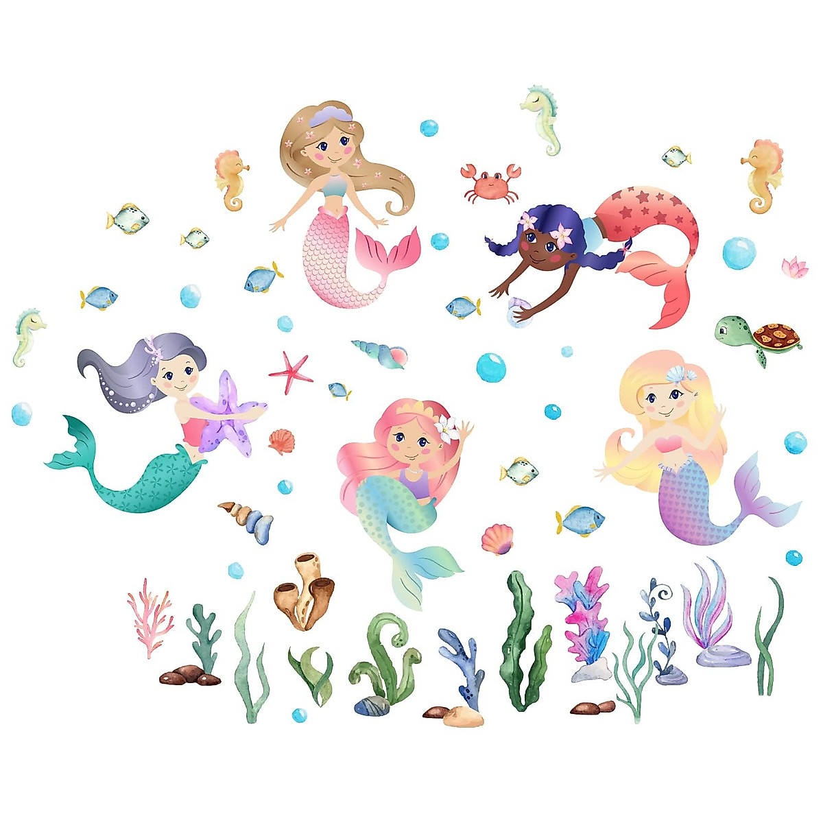 PLIGREAT 2 Sheets Mermaid Wall Stickers, Ocean Creature Decor, Bathroom Mermaid Decals for Girls Bedroom Baby Nursery Kid Room Bathroom Decor Gift