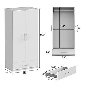 Hitow Wardrobe Armoire Closet with 2 Doors, Freestanding Wardrobe Cabinet with Drawer & Hanging Rod, Bedroom Armoire Clothes Organizer, White Type C (31.5" W x 18.9" D x 66.9" H)