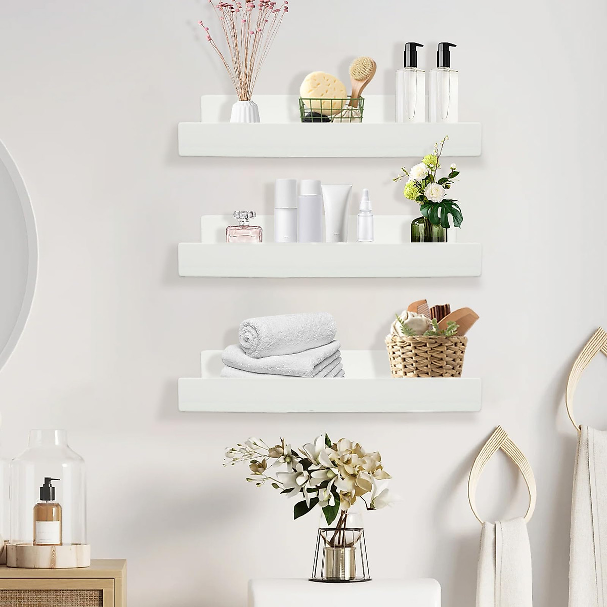 Floating Shelves for Wall Storage with Lip, 10.5" Picture Ledge Shelf Set of 3, White Acrylic Floating Shelf for Wall, Floating Wall Shelves for Kitchen, Bedroom, Bathroom Storage, Wall Home Decor