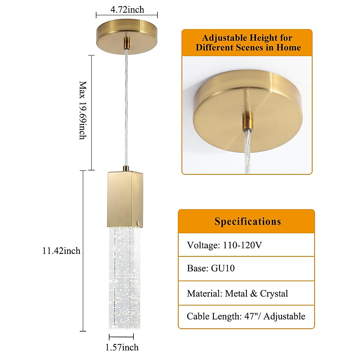 Mecgirn Modern Crystal Pendant Lights for Kitchen Island, Brushed Gold Pendant Light Fixtures 1-Light, Bubble Crystal Pendant Lighting for Bar Over Sink, GU10 Base (Bulb Not Included)