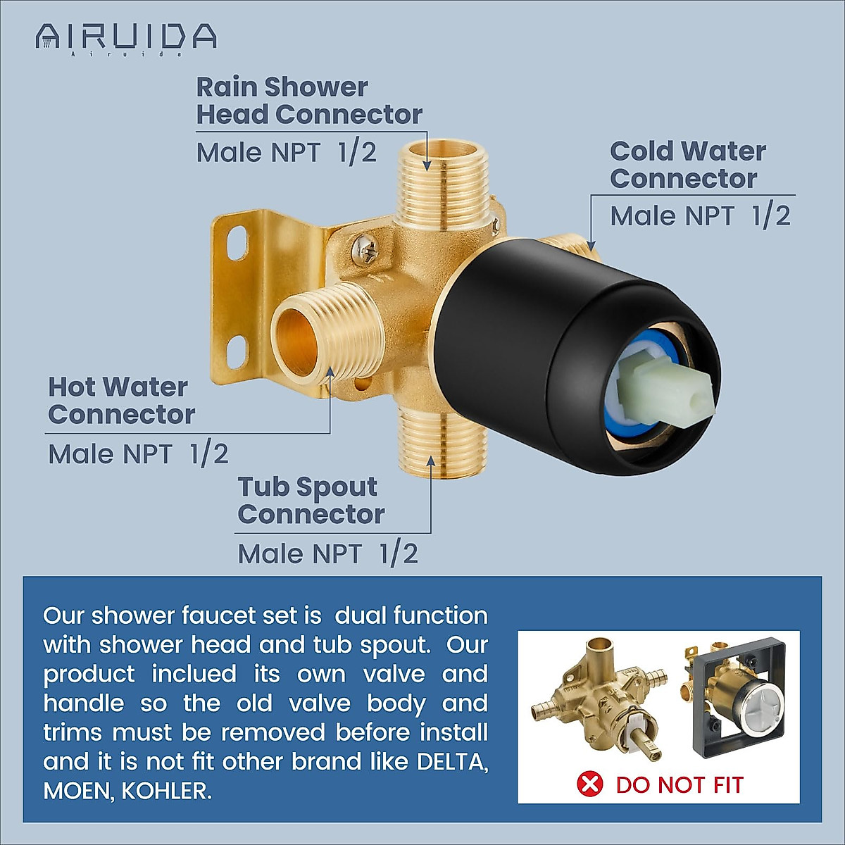 Airuida Shower Faucet Set with Tub Spout Bathtub Faucet Kit Complete Tub Shower Trim Kit with Solid Brass Rough-in Valve and 8 Inch Square Rainfall Showerhead Bent Shower Arm Matte Black