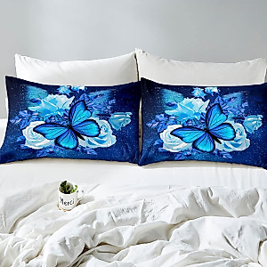 Manfei Rose Duvet Insert Queen Size Blue Butterfly Comforter Set 3pcs for Kids Girls Teens Adults Room Decor, Blue Starry Sky Bedding Set Romantic Soft Breathable Bed Quilt with 2 Pillowcases