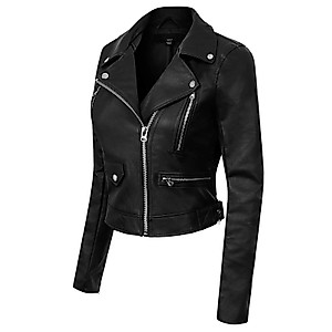 Design by Olivia Women's Long Sleeve Zipper Closure Moto Biker Faux Leather Jacket Black2 L