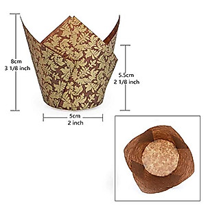 HULISEN 100 Pcs Tulip Cupcake Liners, 2 Colors Premium Greaseproof Paper Baking Cups, Muffin Liners for Wedding, Baby Showers, Party, Brown and White Golden Leaf Model