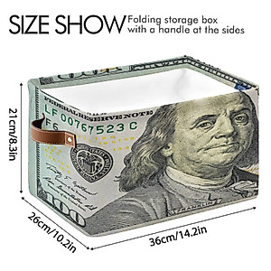 Large Foldable Storage Basket 100 Dollar Bill Printed Storage Bin Canvas Toys Box Fabric Decorative Collapsible Organizer Bag with Handles for Bedroom Home