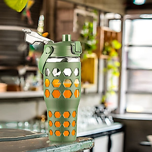 MUKOKO 32oz Glass Tumbler with Straw and Lid,Glass Water Bottles with Time Marker,Iced Coffee Cup,Silicone Sleeve,Leakproof,BPA Free-Olive