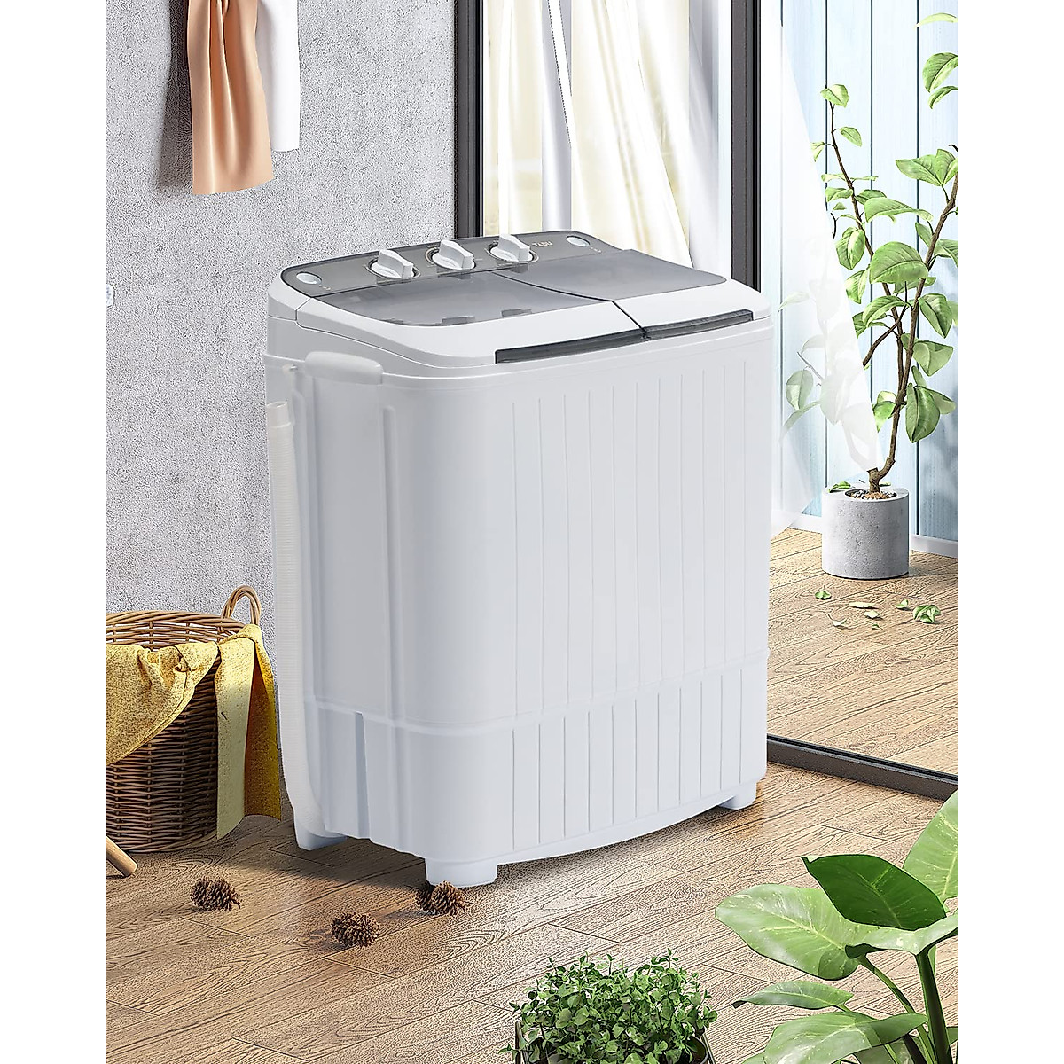 TABU 17.6Ibs Portable Washing Machine, Compact Washer Machine, Mini Washing Machine, Twin Tub Washer and Spiner, Ideal for Dorms, Apartments, RVs, Camping etc (White & Grey)