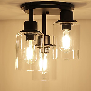ROTTOGOON Semi Flush Mount Ceiling Light, 3-Light Close to Ceiling Light Fixtures, Matte Black Kitchen Light Fixtures with Clear Glass Shades, Hallway Light Fixtures Ceiling Mount for Foyer Entryway