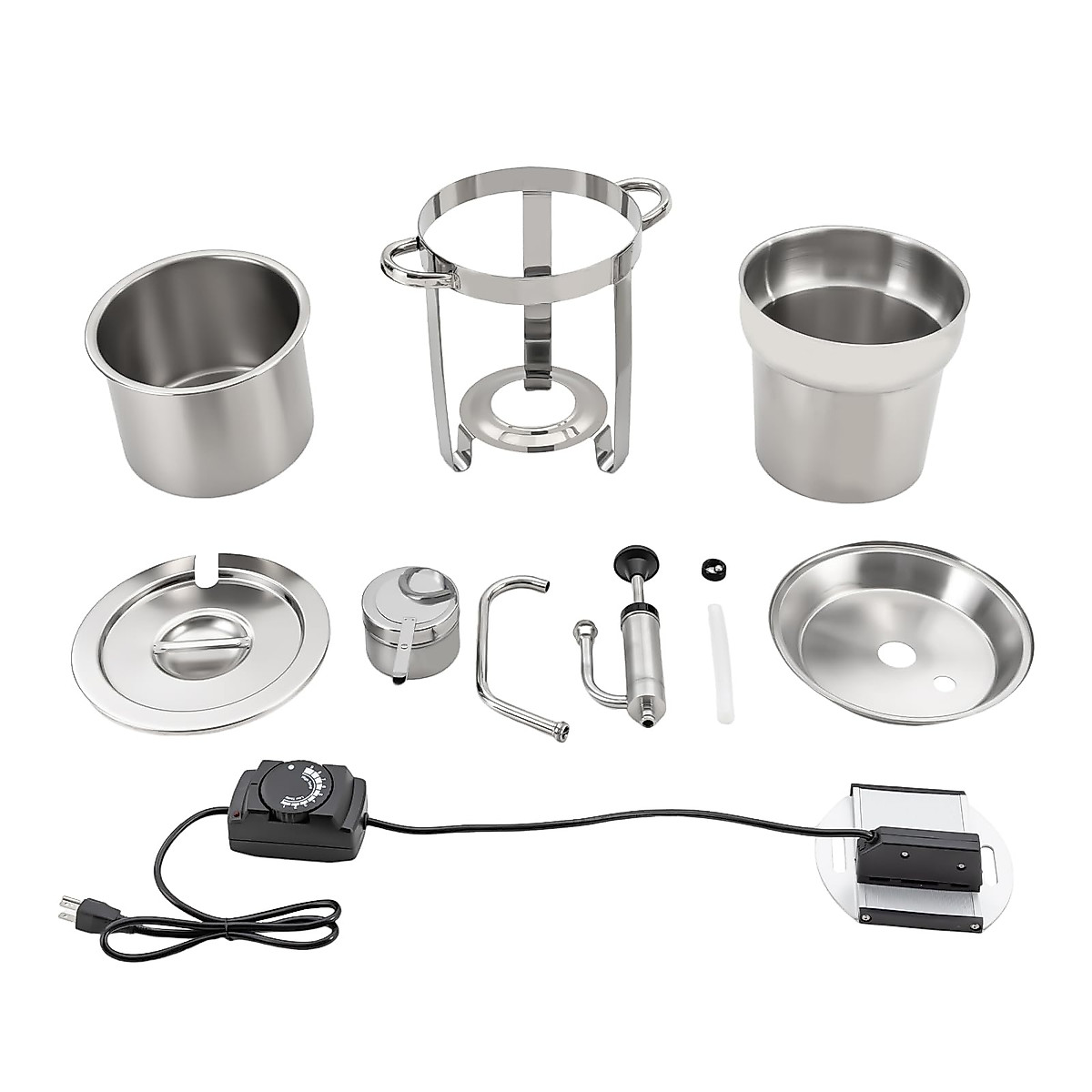 BANLICALI 7L Soup Chafer, 400W Stainless Steel Soup Pot with Electric Heating Plate and Pump, Round Soup Chafer for Catering Parties Events Wedding Silver Adjustable Temperature 50-85℃