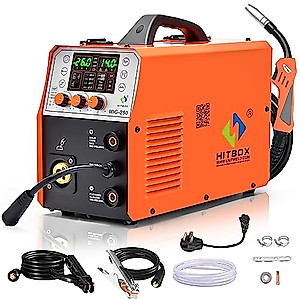 HITBOX MIG250 Mig Welder 250A Welder Dual Voltage Welding Machine 110v/220v Multiprocess 5 IN 1 Welder Machine Gas/Gasless/Stick/Lift Tig/Spot Welding Portable Welder Professional Aluminum Welder
