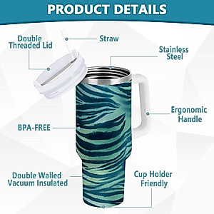 Burbuja Blue Green Zebra Skin 40oz Insulated Tumblers with Handle and Straw Lid, Double Wall Stainless Steel Travel Mug Leak-Proof, BPA Free, Gift for Mom Dad