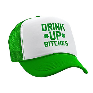 Drink UP Bitches - st Patricks Day Party Paddy - Vintage Retro Style Trucker Cap Hat (Neon Green)