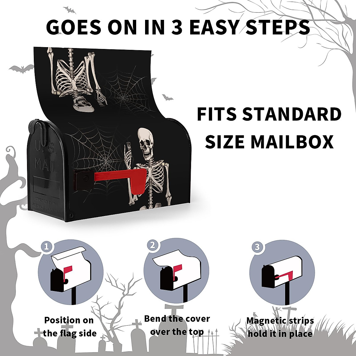 Dacawin Halloween Mailbox Covers Magnetic Human Skeleton Mailbox Cover Mailbox Wraps Post Letter Box Covers Garden Decorations Outdoor 21 X 18 Inch Black