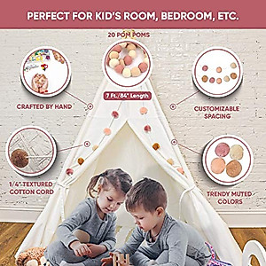 Pink Pom Pom Garland | Felt Ball Garland for Nursery, Baby Shower, Birthday and Mother's Day | Boho Bedroom Decor for Girls | Blush Pink, Mauve and Mustard Gold