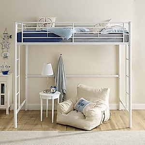 Walker Edison Timothee Urban Industrial Metal Twin over Loft Bunk Bed, Twin Size, White