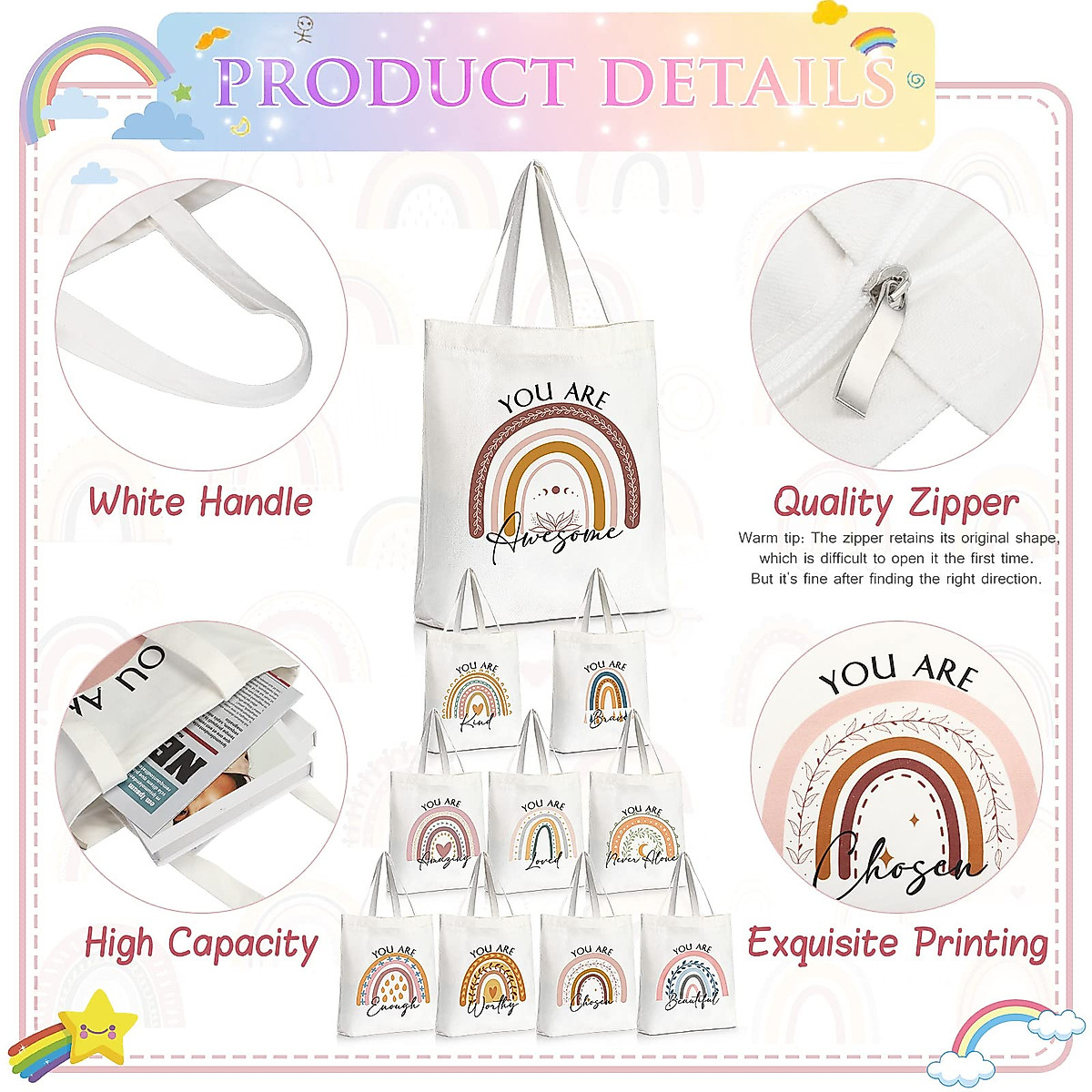 Sieral 10 Pcs Inspirational Canvas Tote Bags Bulk Teacher Tote Bags Employee Coworker Teacher Appreciation Gifts Nurse Rainbow Tote Bags with Zipper Thank You Gifts Christmas Gifts for Teacher Women