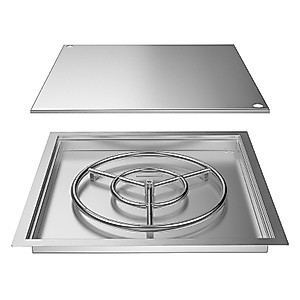 Skyflame 24" x 24" Square Stainless Steel Drop-in Fire Pit Kit with Fire Pit Burner Pan, Fire Burner Ring and Protective Lid, Suitable for Indoor or Outdoor DIY Firepit