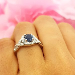 Dazzlingrock Collection 14K Round Blue Sapphire & White Diamond Swirl Split Shank Halo Engagement Ring, White Gold, Size 4.5