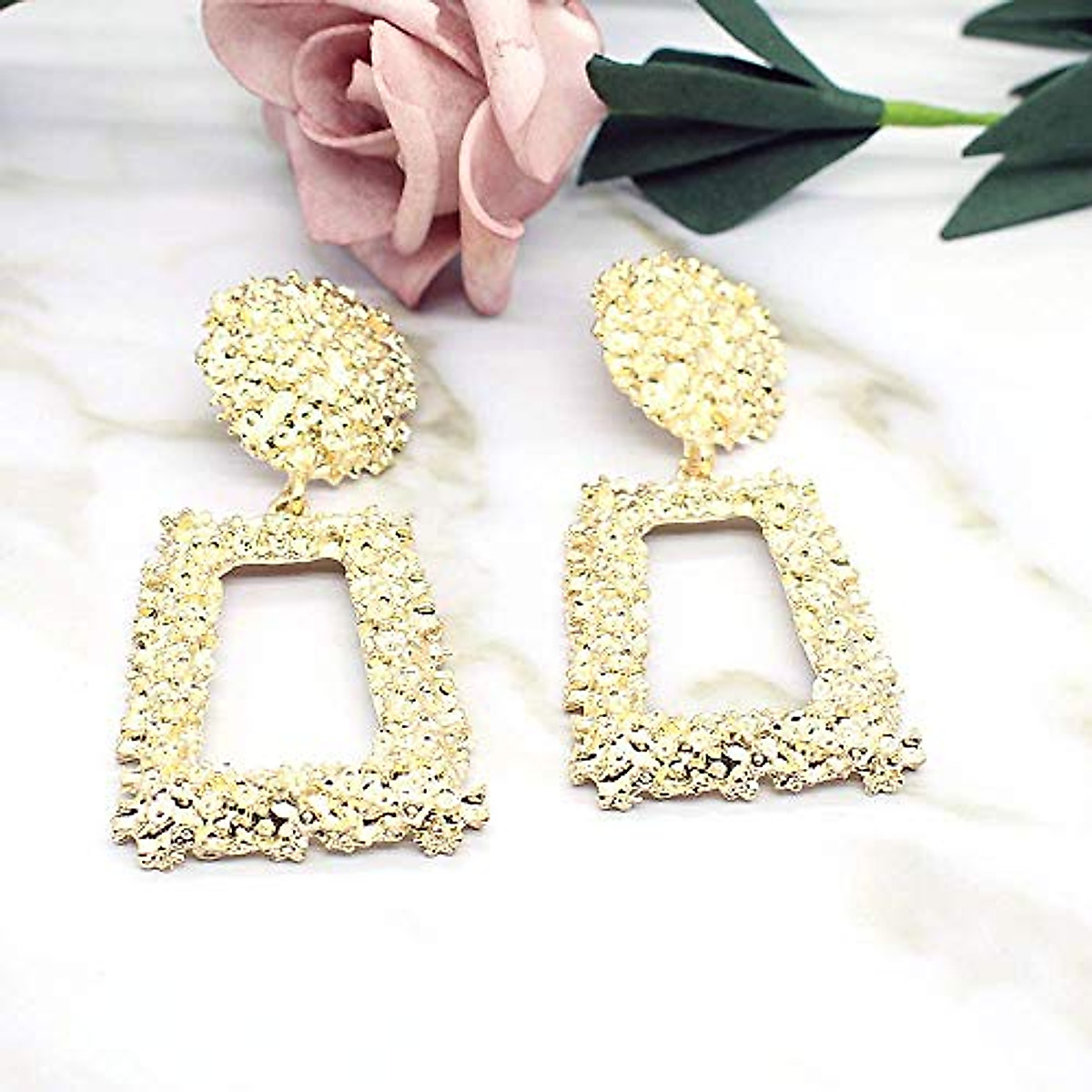 Hollow Geometric Large Square Dangle Earrings Metal Statement Drop Earrings Punk Bohemian Raised Textured Design Big Hoop Earrings for Women Fashion Jewelry