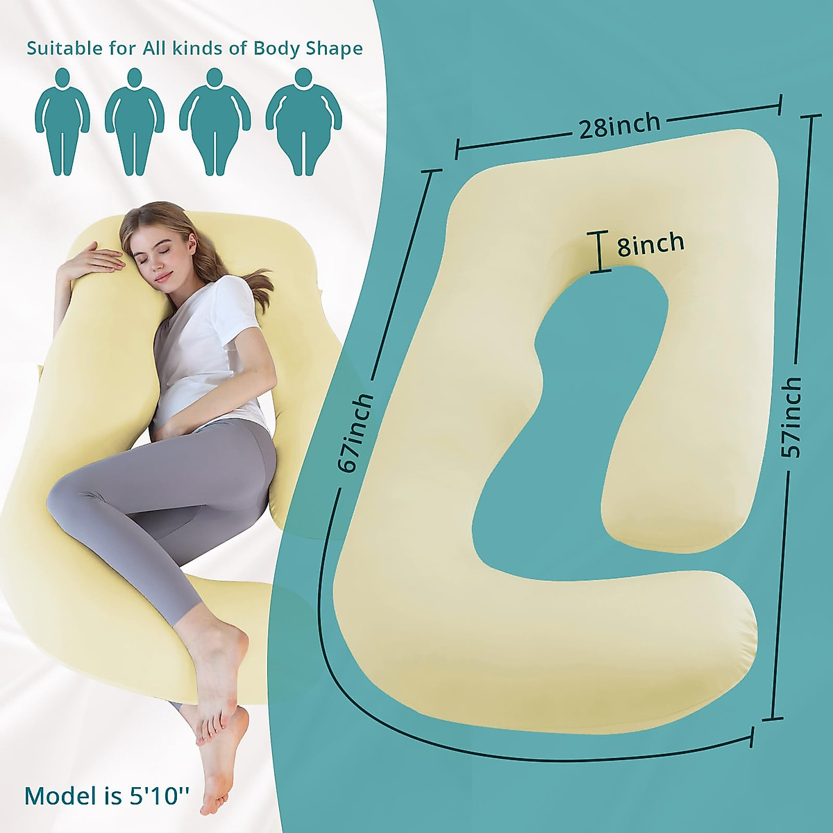 Sasttie Pregnancy Pillows for Sleeping, Maternity Pillow for Pregnant Women, U Shaped Body Pillow Pregnancy Must Haves, 59'' Full Pregnant Pillow with Removable Cover, Light Yellow,59''x31.5''