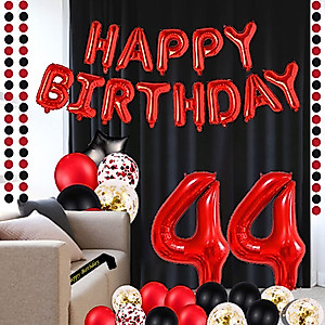 Red 44TH Birthday Party Decorations Supplies Red theme 16inch Red Foil Happy Birthday Balloons Banner Happy Birthday sash Foil Black Curtains Foil Balloons Number Red 44 Risehy
