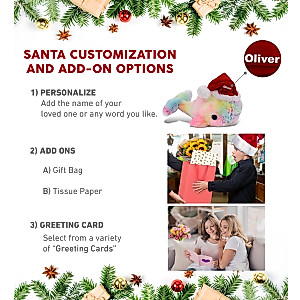 DolliBu Santa Large Rainbow Whale Stuffed Animal Plush Toy - Soft Wild Animal Dress Up with Red Santa Claus Hat, Cute Wildlife Gift, Perfect Holiday with Name Personalization - 9 Inches