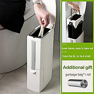 COMODID Slim Plastic Trash Can 1.3 Gallon, Trash can with Toilet Brush Holder for RV, 5 Liter Garbage Can with Press Top Lid, White Rectangular Modern Waste Can for Bathroom, Ivory