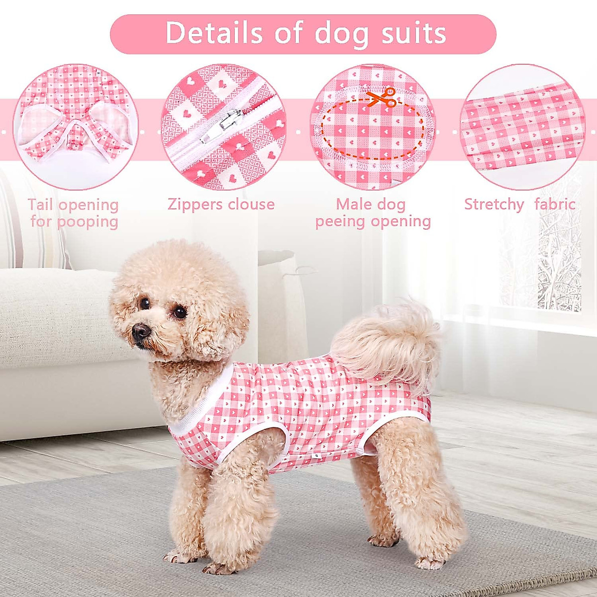 Etdane Dog Recovery Suit for Female Male Dog Onesie for Surgery Dog Surgical Suit After Spayed Dog Neuter Body Suits Fit Small Medium Dog with Pee Hole Pink Plaid/Hear/Large