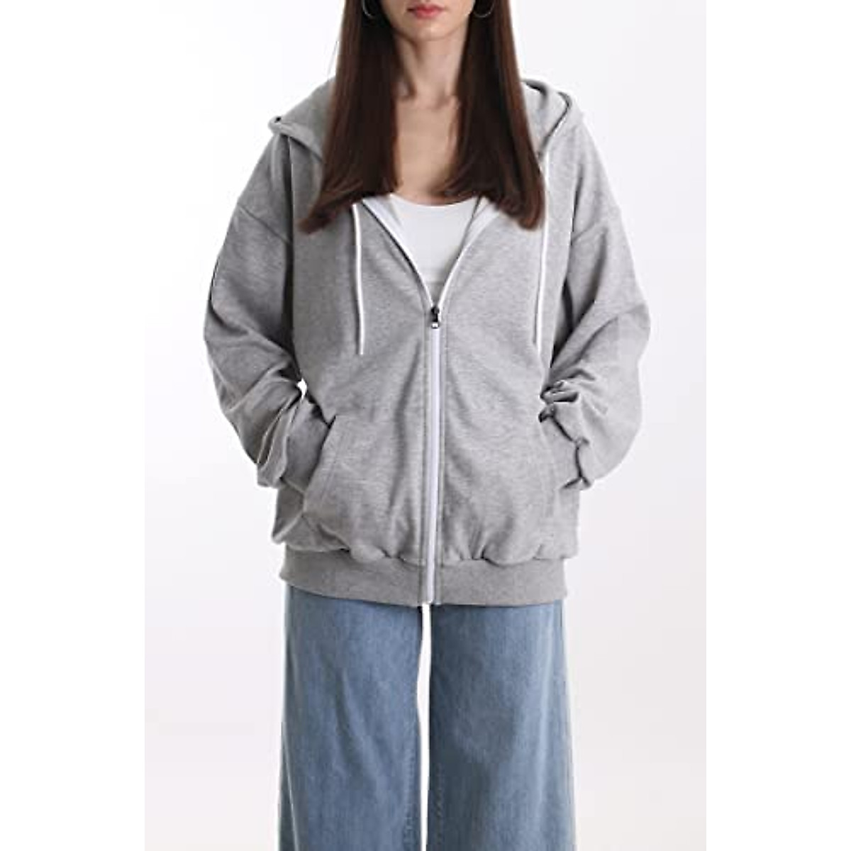 TOMLALEL Women's Active Zip Up Hoodie, Oversized Loose Casual Jacket, Comfortable Long Sleeve with Pockets Zipper Drawstring (Medium, Oversized_Grey)