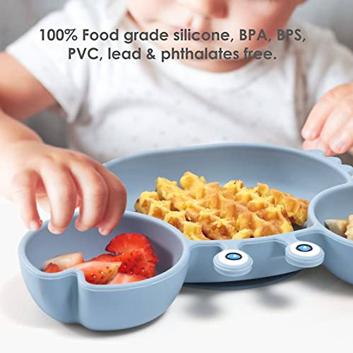 ROCCED [Upgraded] Suction Plates for Baby, Silicone Plates with Suction Divided, Baby Spoon Fork Set for Toddler Baby Dishes Kids Plates and Utensils-Crab Dark Blue