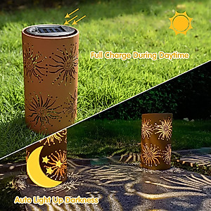 pearlstar Outdoor Solar Table Lamp 2pack Metal Sunflower Shape Solar Lantern Lights, Retro Orange Finish, Outside Decor for Patio Garden Yard Pathway Tabletop Waterproof(Sunflower)