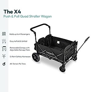 WONDERFOLD X4 Push & Pull Quad Stroller Wagon (4 Seater) Featuring Seats with 5-Point Harnesses, Adjustable Push Handle, and Adjustable/Removable UV-Protection Canopy, Stealth Black