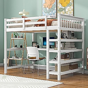 BOVZA Wood Loft Bed with Desk and Shelves, Full Size Loft Bed with Storage Shelves and Under-Bed Desk, Bed Frame for Kids Teens Adult, White