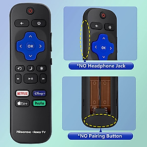 Amtone New Replacement Remote for Hisense ROKU Smart TVs with Netflix Disney Hulu VUDU Keys fits for 50H4 55H4 48H4 40H4 R6070 50R7E 32H4C 32H4D 32H4E (Netflix/Disney+/Apple TV+/hulu) (Renewed)